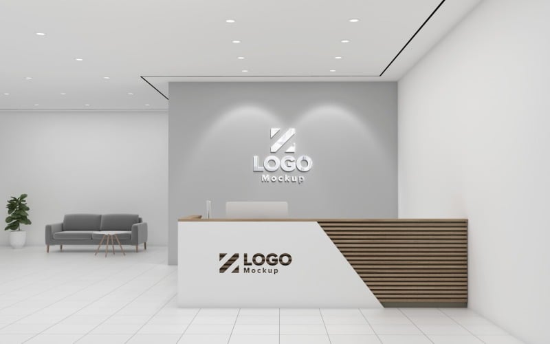 A 3D rendering of a modern office reception interior Mockup Template