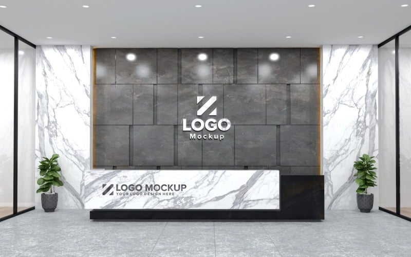 3D rendering of a modern office reception interior Mockup Template
