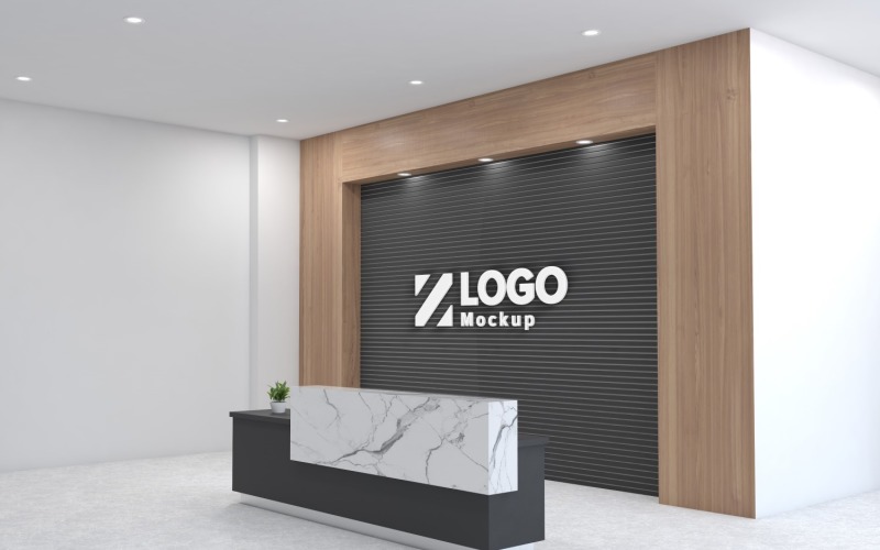 Hotel reception counter with Black Wall and Marble Texture Counter Logo ...