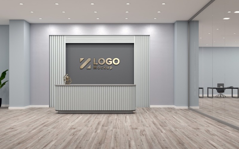 Office Reception counter with Black wall and Glass Room Logo Mockup