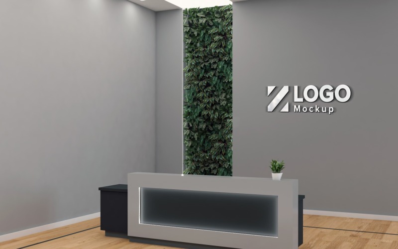 Office reception counter with Gray Wall logo mockup