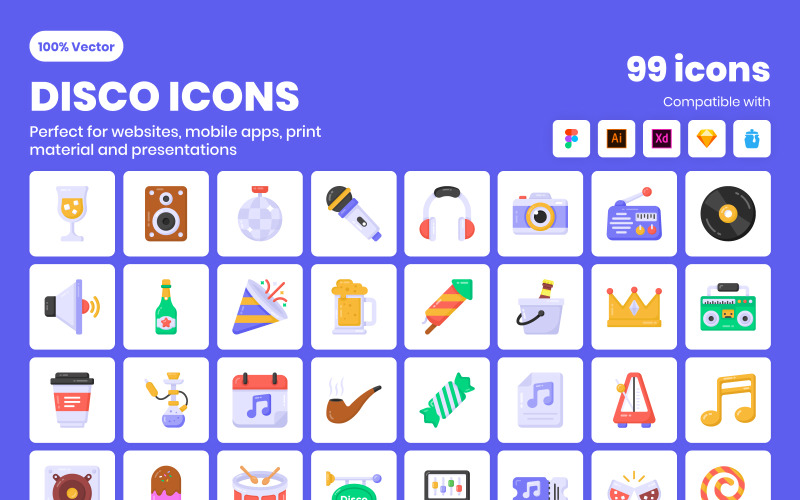 Disco Icons - 99 Detailed flat Graphics - TemplateMonster