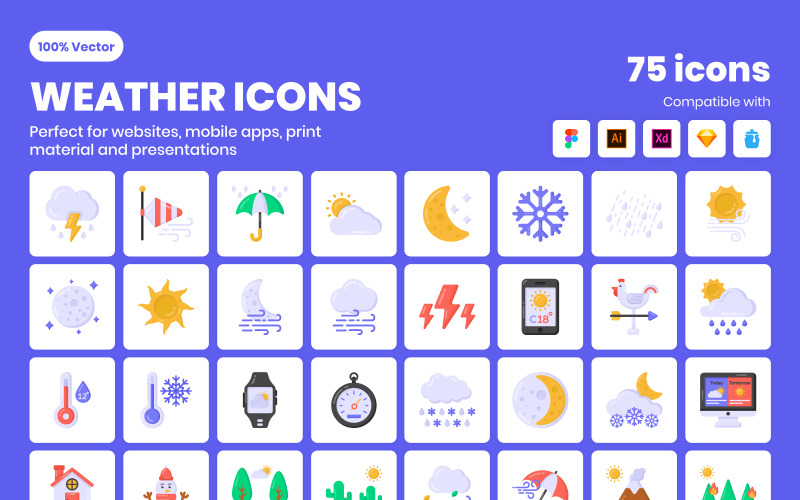 Flat Detailed Weather Icons Collection - TemplateMonster