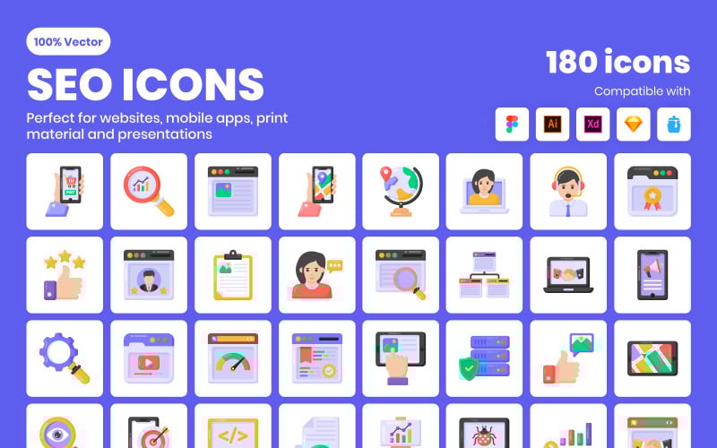 180 SEO Flat Vector Icons #229060 - TemplateMonster