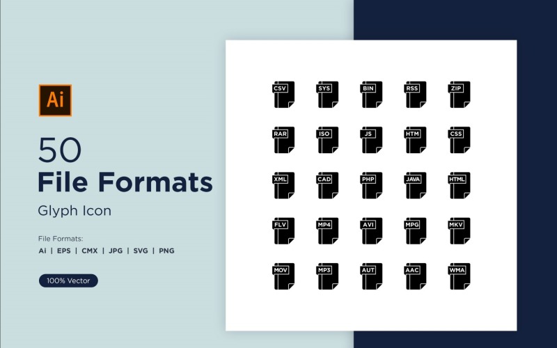 50 File Format Glyph Icon Set #229462 - TemplateMonster