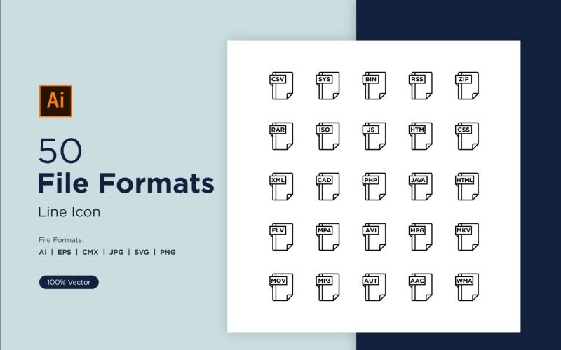 50 File Format Line Icon Set #229464 - TemplateMonster