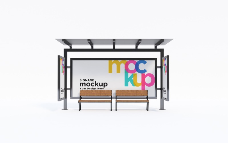 Bus Stop Billboard With Three Signage Mockup Template