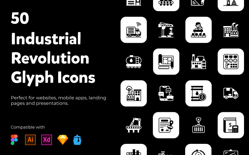 Industrial Revolution Glyph Icons Pack - TemplateMonster