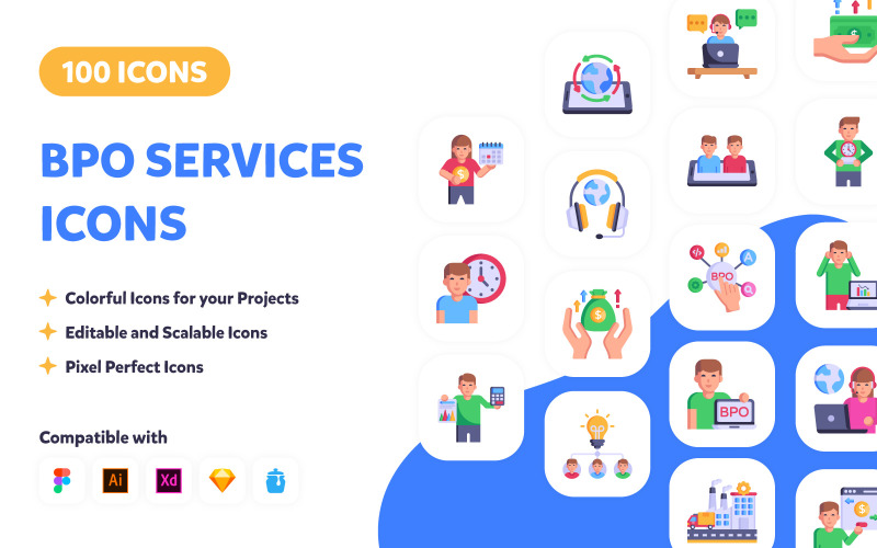 100 BPO Services Flat Icons #231710 - TemplateMonster