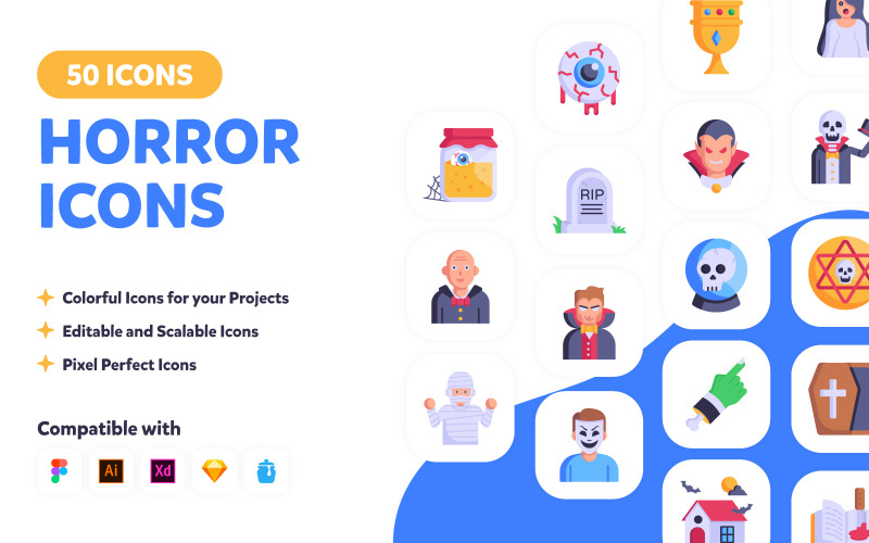 50 Flat Horror Icons-Vector Designs #231873 - TemplateMonster