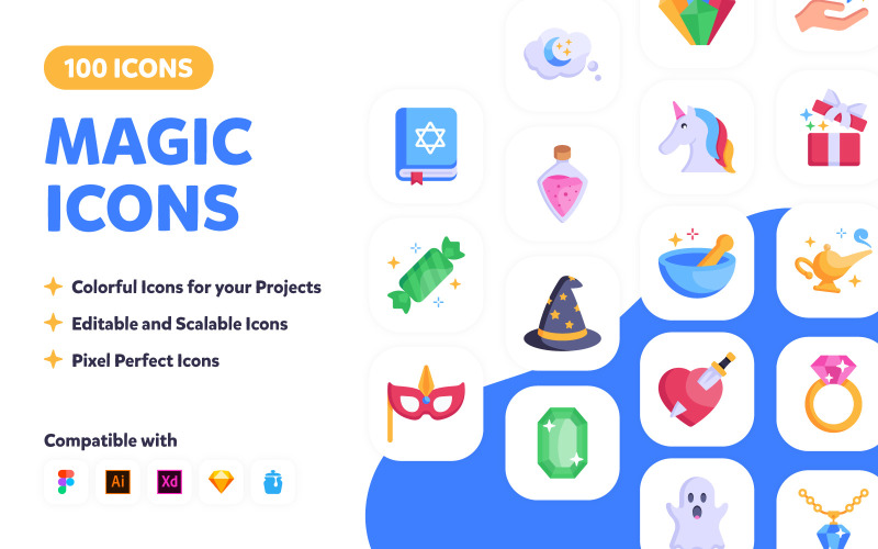 100 Magic Icons - Flat Vector Icons #231803 - TemplateMonster
