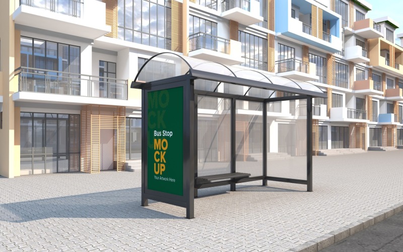 City Evening View Bus Stop Billboard mock Up Template v2