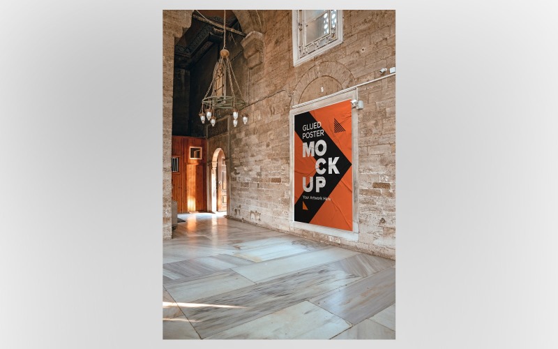 Glued Poster Mockup with Shadow Overlay effect on historical wall