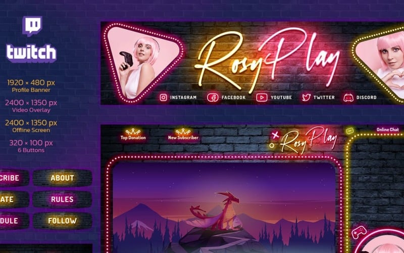 Neon Gaming Twitch Template Social Media - TemplateMonster