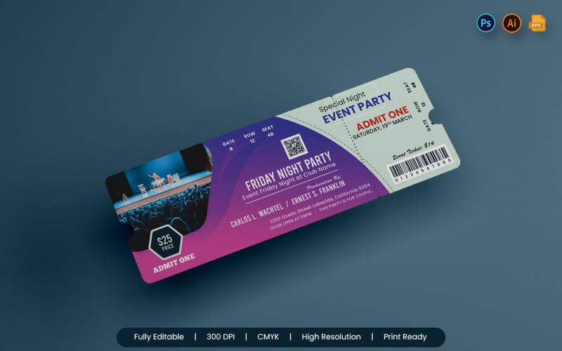 Modelo de Ingresso para Festa Noturna - TemplateMonster