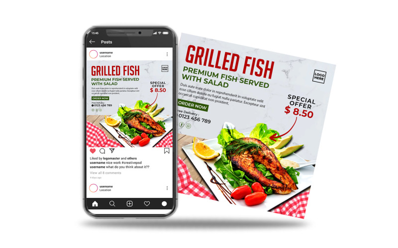 Instagram social media post grilled fish - TemplateMonster