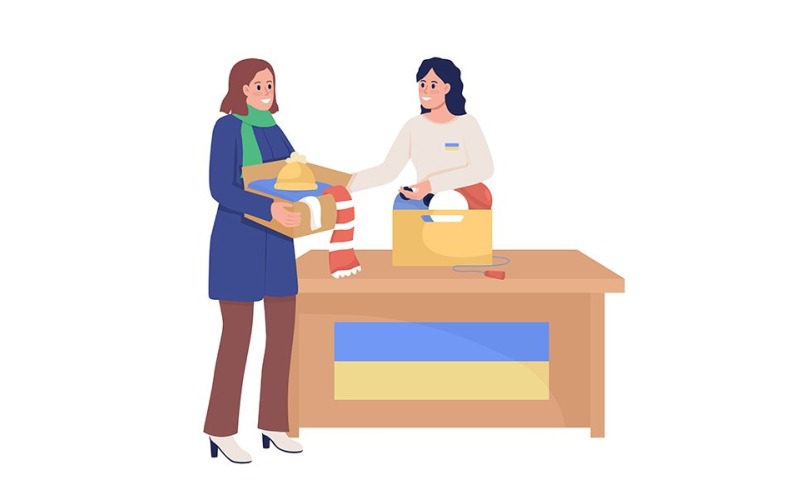 Femme faisant don de vêtements à des personnages vectoriels de couleur ...