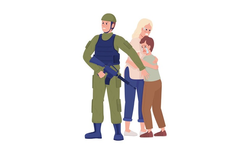 Soldier protects family semi flat color vector characters