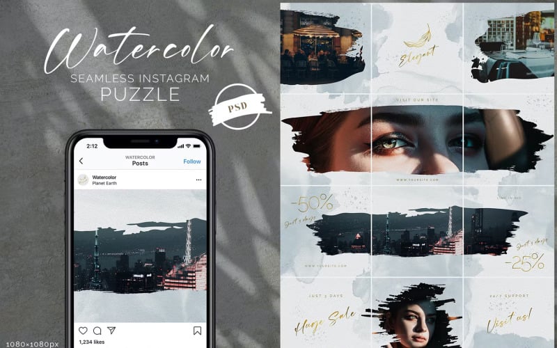 Watercolor Instagram Puzzle Template - TemplateMonster