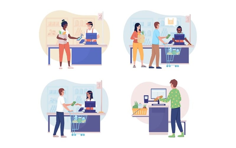 Buying groceries in shop 2D vector isolated illustration set