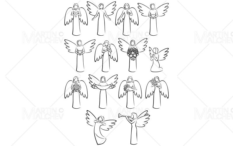 Angels Line Art Set Vector Illustration - TemplateMonster