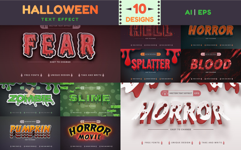 Set 10 Halloween Horror Editable Text Effects | Font Styles, Design ...