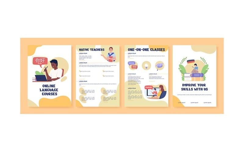 Plantilla de folleto de vector plano de cursos de idiomas en línea