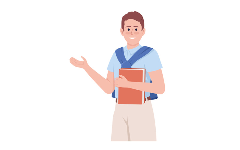 Happy student posing with book semi flat color vector character