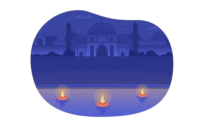 Jal Mahal palace and floating diyas 2D vector isolated illustration
