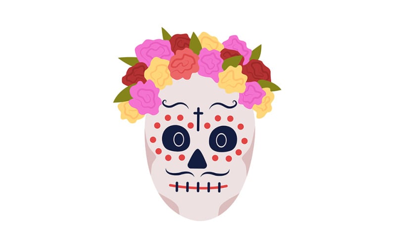 Catrina calavera maquillaje cara de personaje de vector de color semi plano