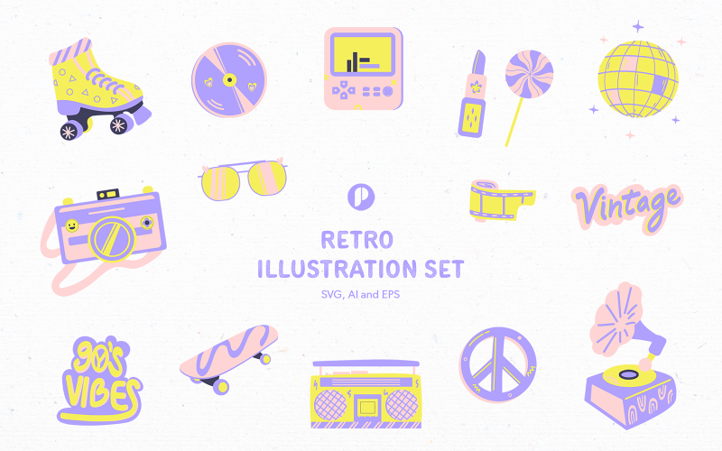 Funky Retro Items Illustration Set #279881 - TemplateMonster
