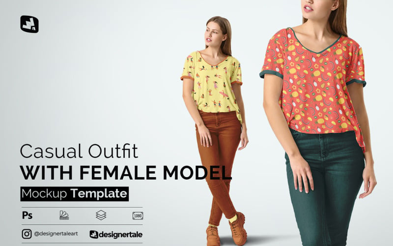 Casual Outfit With Female Model Mockup - TemplateMonster