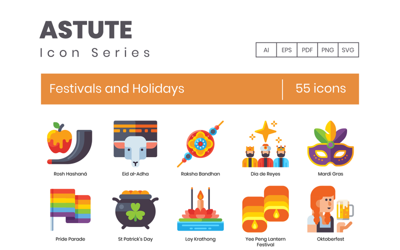 55 Feste und Feiertage Icon Set - Astute Series