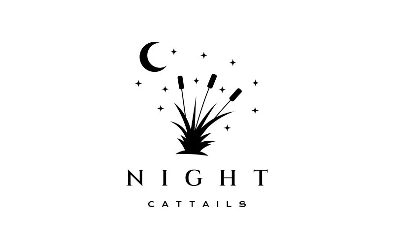 Cattail Çim Gece Ay Ve Yıldız Logo Tasarımı Vektör Çizim