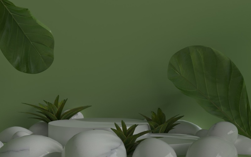 Yeşil tropik bitkiler ve kaya arka planı olan beyaz podyum
