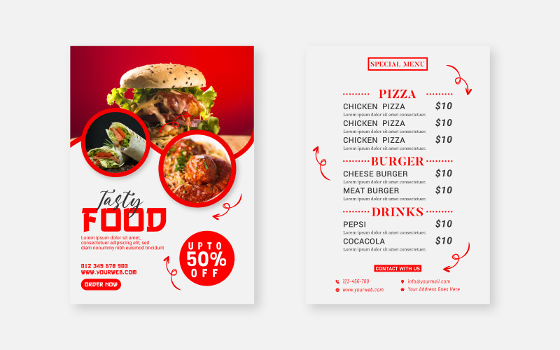 Gotowe do druku szablony ulotek z menu restauracji Fast Food