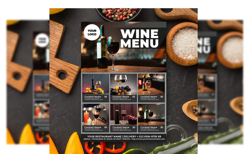 Menu del vino Design - modello di volantino - TemplateMonster