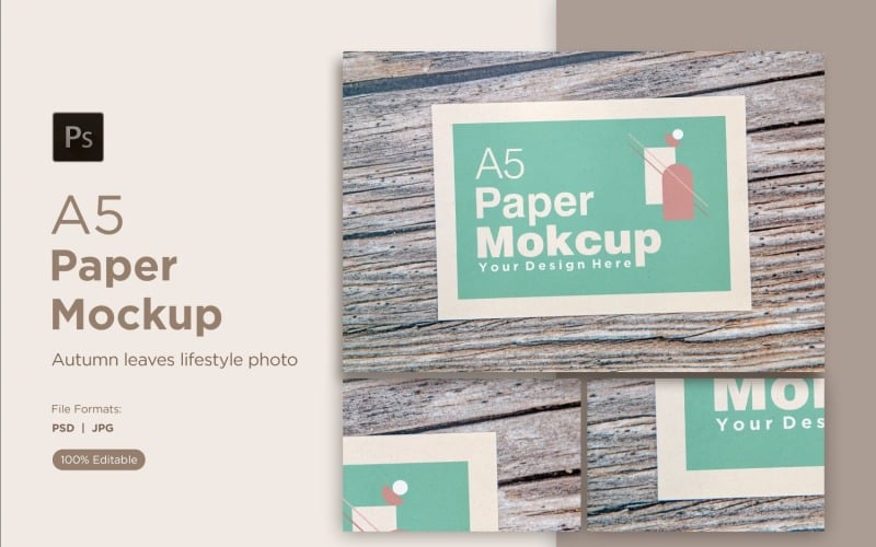 A5 paper mockup on wooden background - TemplateMonster