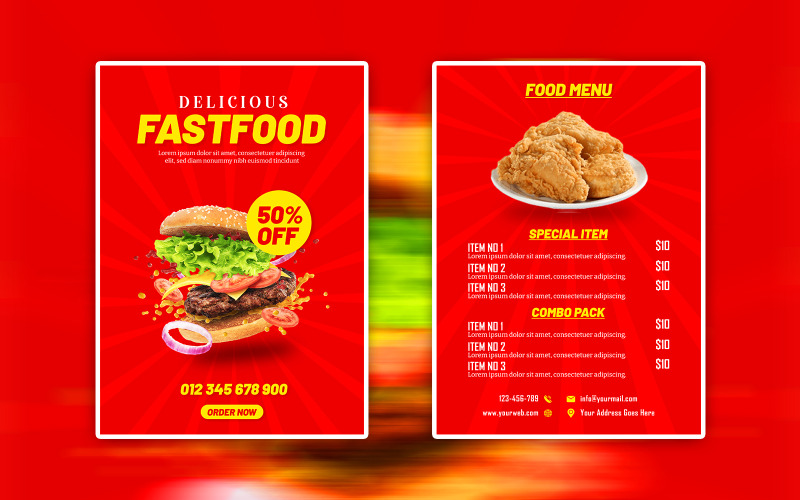 Gotowe do druku szablony ulotek z menu restauracji Fast Food