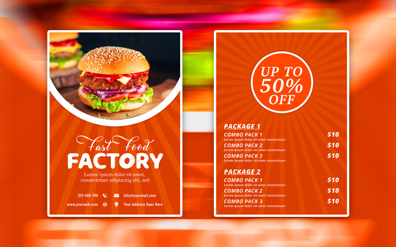 Gotowe do druku szablony ulotek z menu restauracji Fast Food