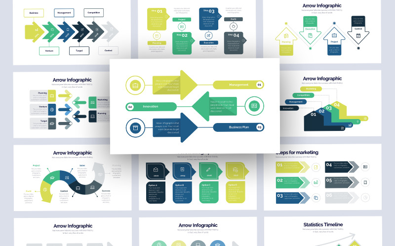 Modelo de PowerPoint de infográfico criativo de seta