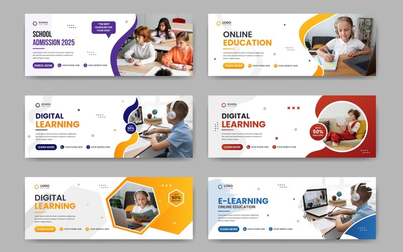 Digital learning facebook cover banner template and school admission ...