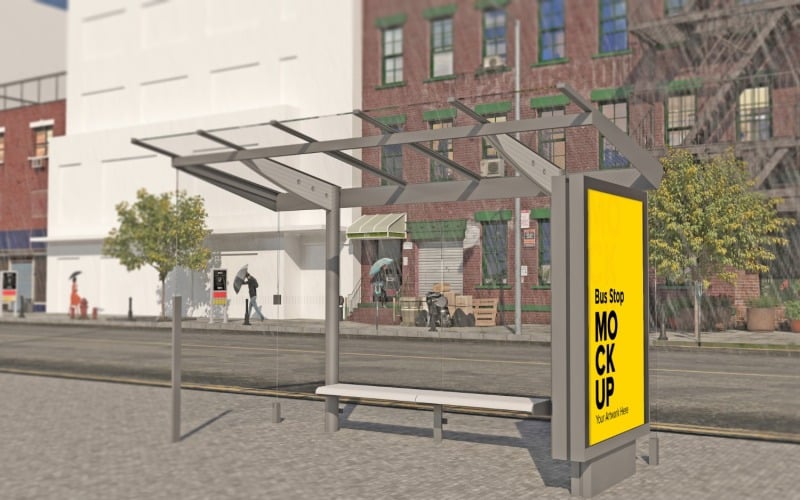City Bus Stop with Signage mockup Template - TemplateMonster