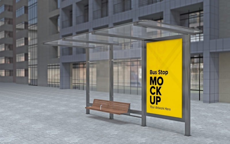 Side Angle View Bus Stop With Sign Mockup - TemplateMonster