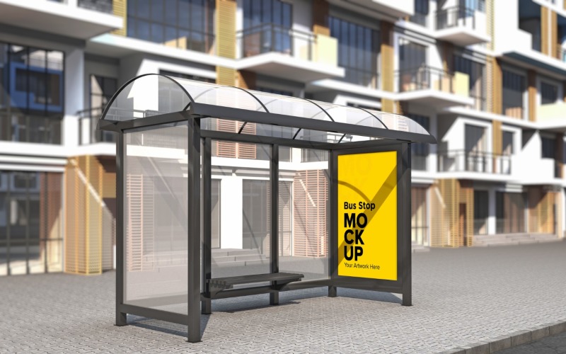 Fermata dell'autobus Mid Day View con cartellone pubblicitario Mockup