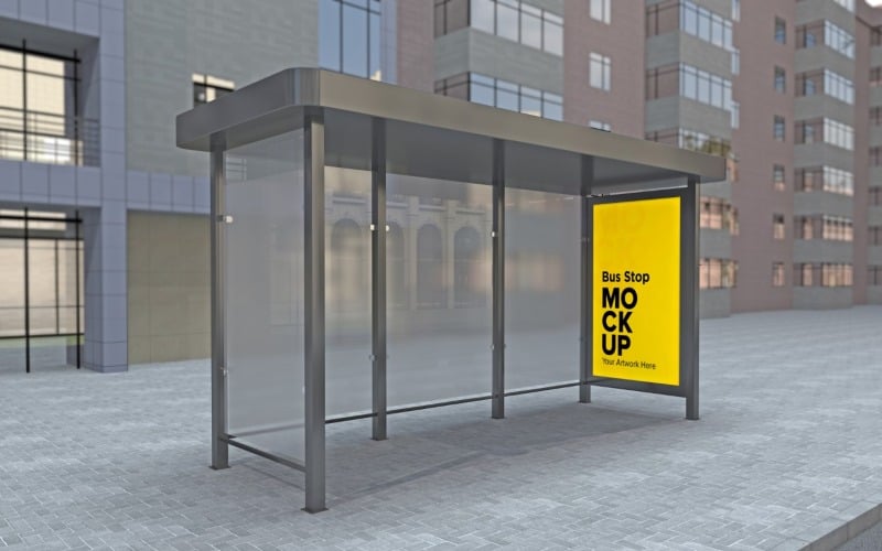 Minimal Look Bus Stop Vidrio borroso con plantilla de maqueta de letrero.