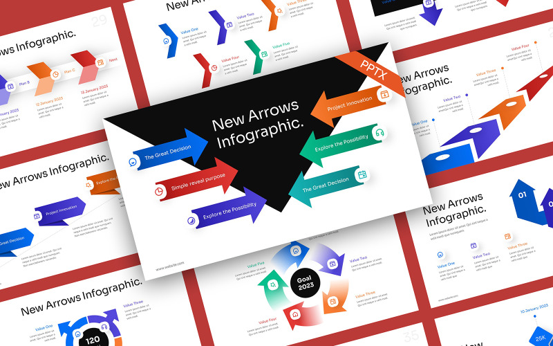 Modelo de PowerPoint de infográfico de seta de negócios