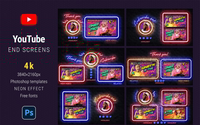 Neon YouTube End Screens Templates #308594 - TemplateMonster
