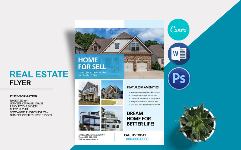 Modello di volantino immobiliare. Canva, Ms word e modello di Photoshop
