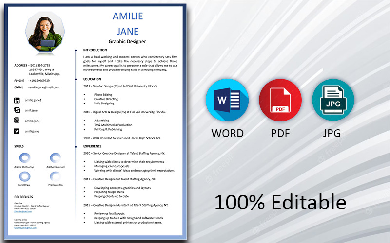 Modèle de CV imprimable élégant et attrayant bleu blanc pour graphiste